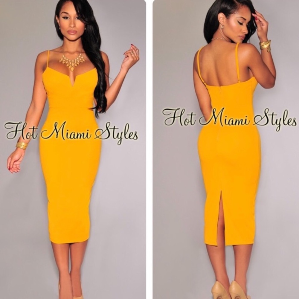 Hot Miami Styles Mustard Yellow Gold Bodycon Dress - Gem